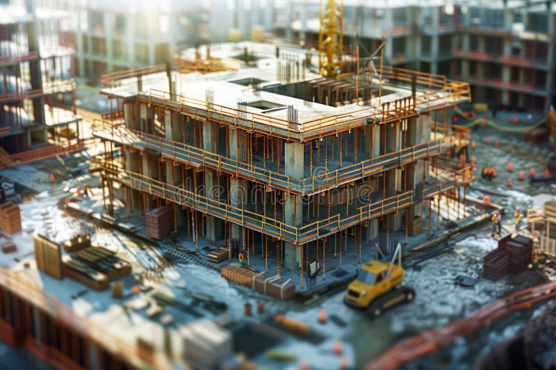 Busy Construction Site with Machinery and Workers at Sunset, Urban ...