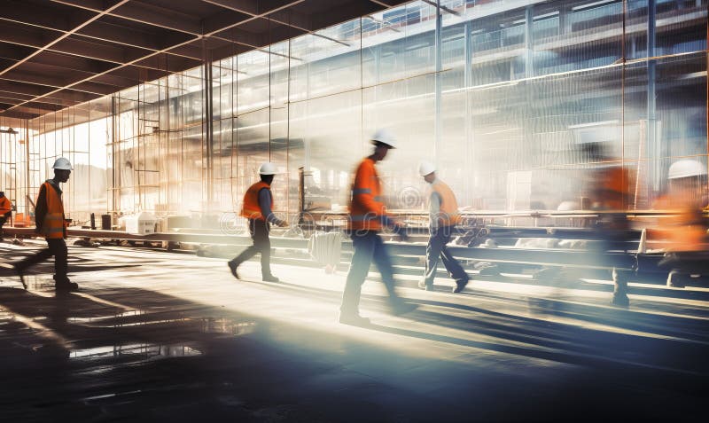 A Busy Construction Site with Many Builders Working. Long Exposure ...