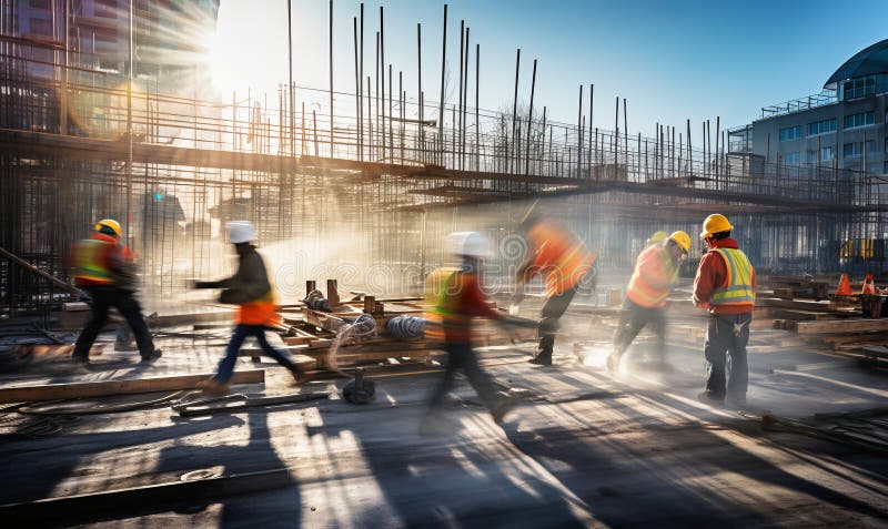 A Busy Construction Site with Many Builders Working. Long Exposure ...