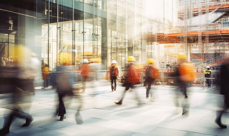 A Busy Construction Site with Many Builders Working. Long Exposure ...