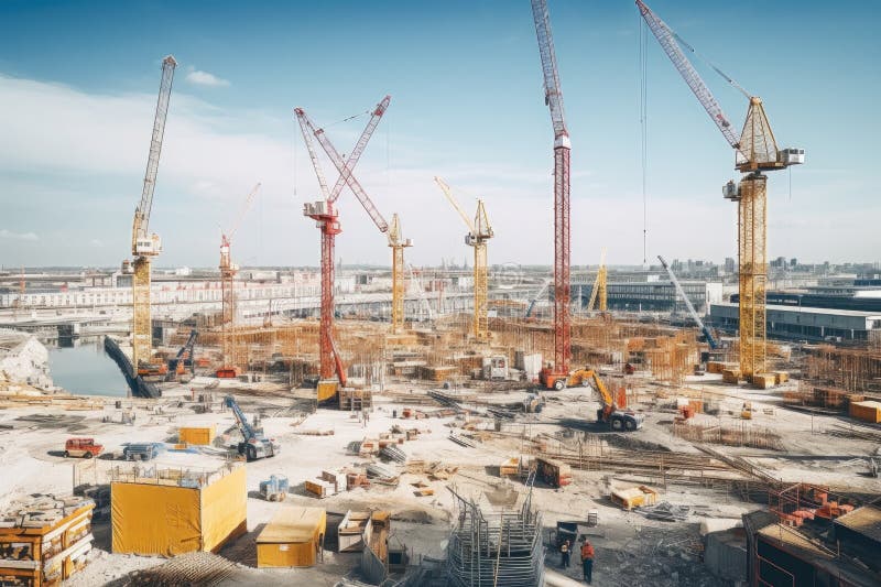 A Busy Construction Site with Multiple Cranes. Ideal for Construction ...
