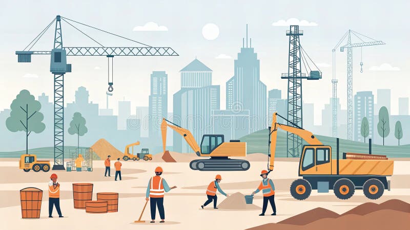 Busy Construction Site with Workers, Machinery, and Cranes in Urban ...