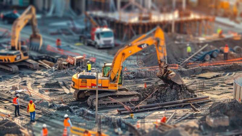 Busy Construction Site with Workers Operating Heavy Machinery Stock ...