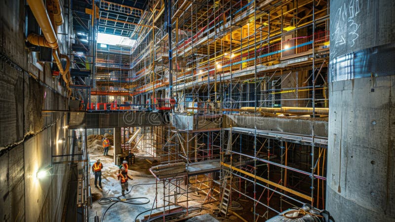 Busy Construction Site with Workers and Scaffolding Stock Photo - Image ...