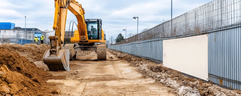 Busy Construction Site with Yellow Excavator Digging Dirt, Workers and ...