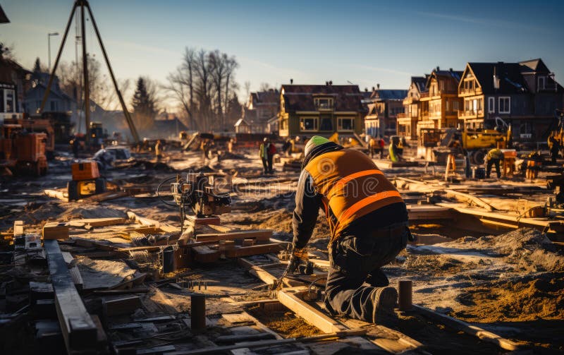 A Busy Construction Worker at Work on a Vibrant Construction Site Stock ...