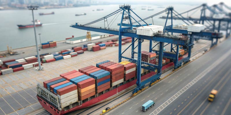Busy Container Port with Cranes Moving Cargo at a Bustling Shipping ...
