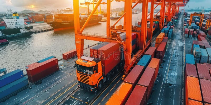 Busy Container Port with Truck and Cargo Ships at Sunset Stock ...