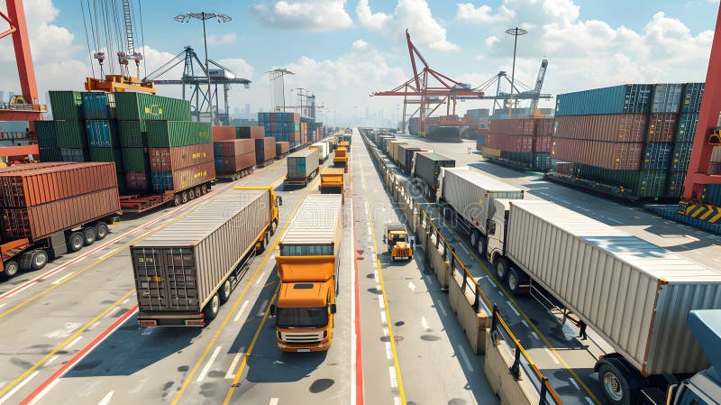 Busy Container Terminal with Rows of Trucks and Cranes Stock ...