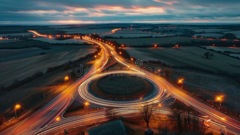 A Busy Country Intersection with Car Light Trails Creating a ...