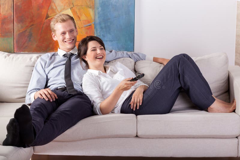 Busy Couple Watching Tv after Work Stock Photo - Image of relax ...