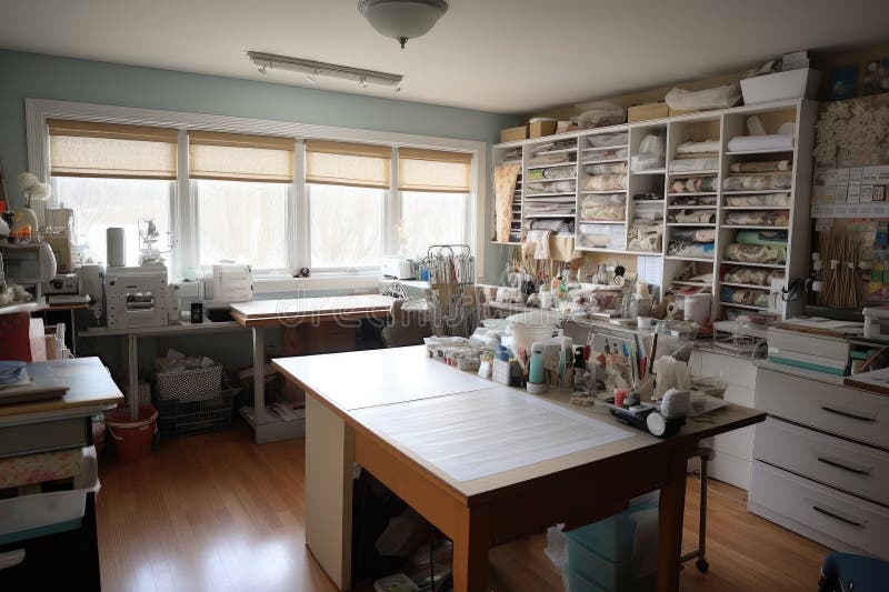 Busy Craft Room Filled with Projects in Progress Stock Illustration ...