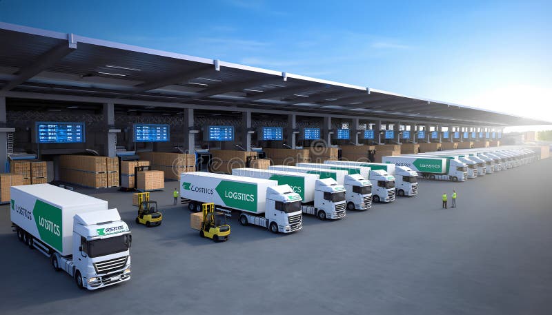 A Busy Distribution Center with Many Logistics Trucks Lined Up in an ...