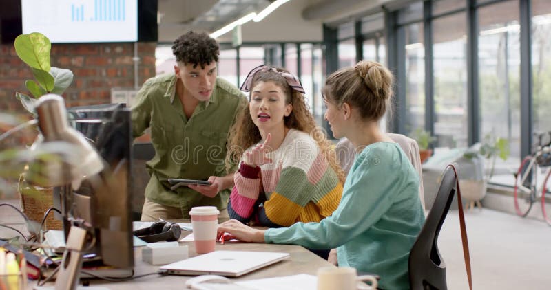 Busy Diverse Business People Working on Computer and Talking in Slow ...