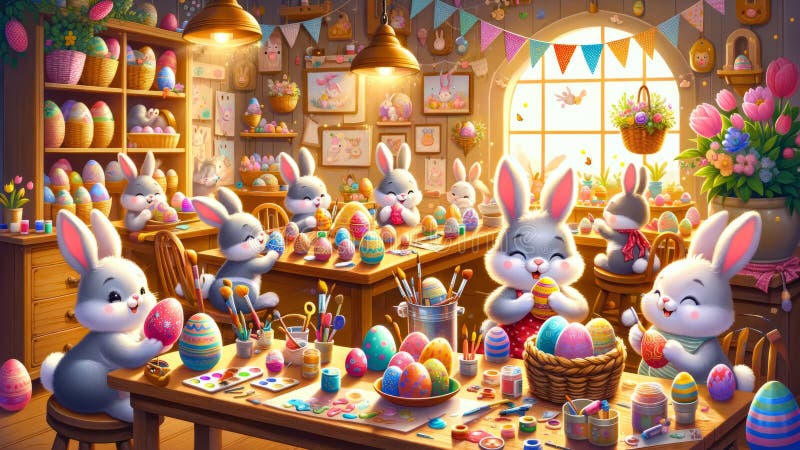 Busy Easter Bunny Workshop with Adorable Rabbits Decorating Colorful Eggs. Generative AI Stock ...