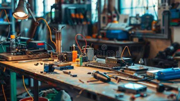 Busy Electronics Workshop with Circuits and Tools on a Cluttered ...