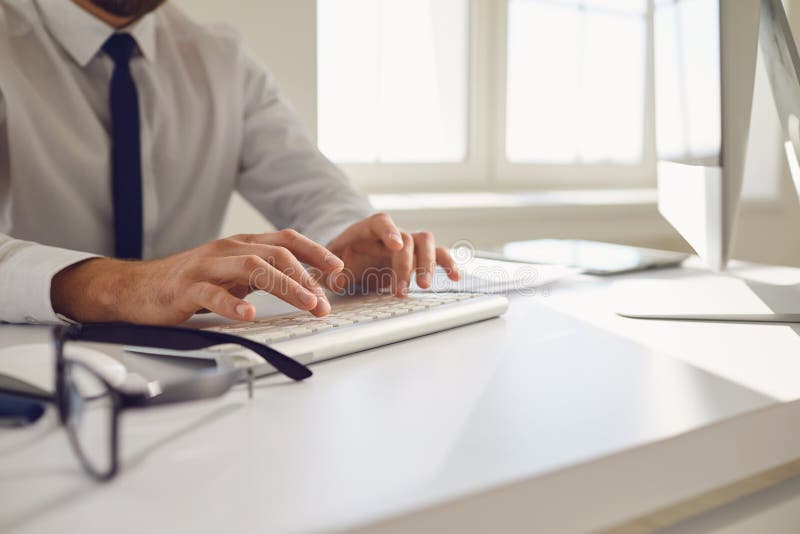 Work Online. Busy Faceless Worker is Typing at Workplace Using Computer ...