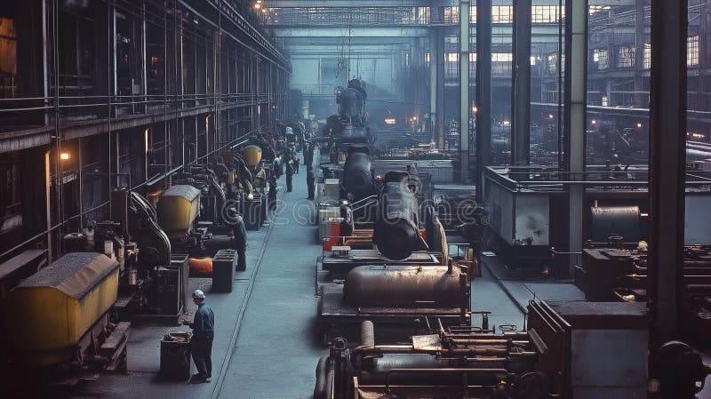Busy Factory, with Workers in Uniforms, Large Machinery Stock Photo ...