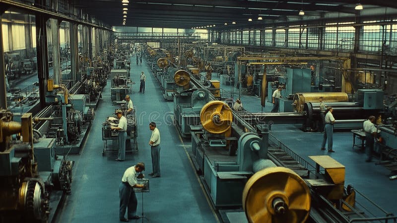 Busy Factory, with Workers in Uniforms, Large Machinery Stock Photo ...
