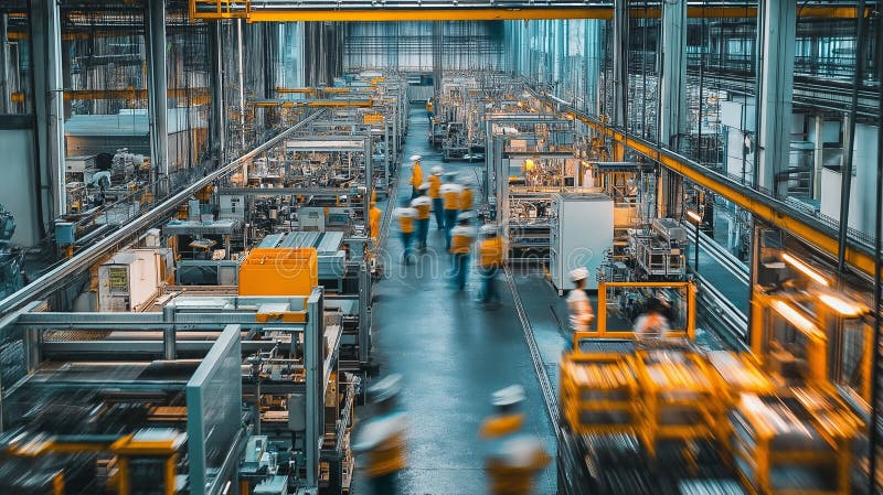 Busy Factory, with Workers in Uniforms, Large Machinery Stock Image ...