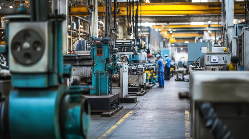 Busy Factory, with Workers in Uniforms, Large Machinery Stock Photo ...