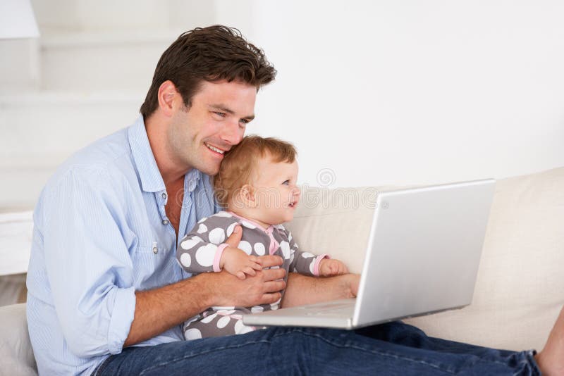 Busy Father Working on Laptop Stock Image - Image of portrait, people ...