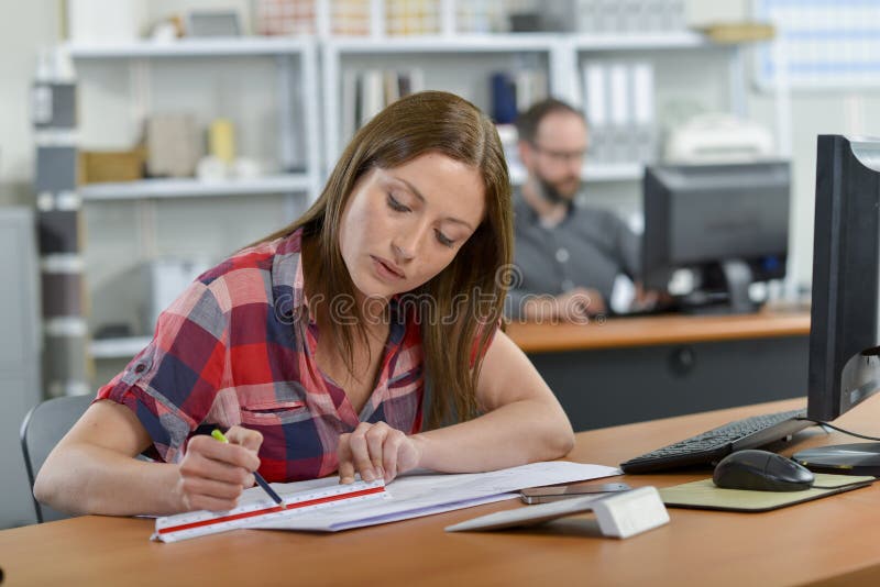Busy Female Architect in Office Stock Image - Image of plan, looking ...