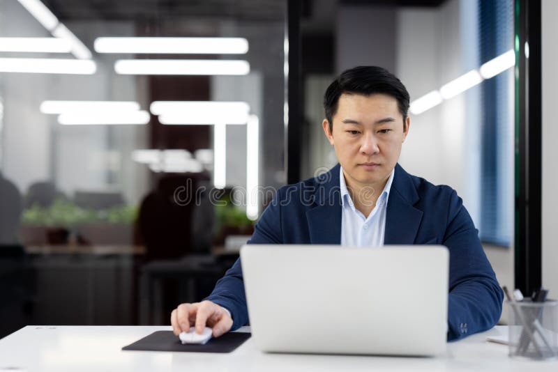 Busy Formal Office Worker Sitting by Desktop with Modern Laptop and ...