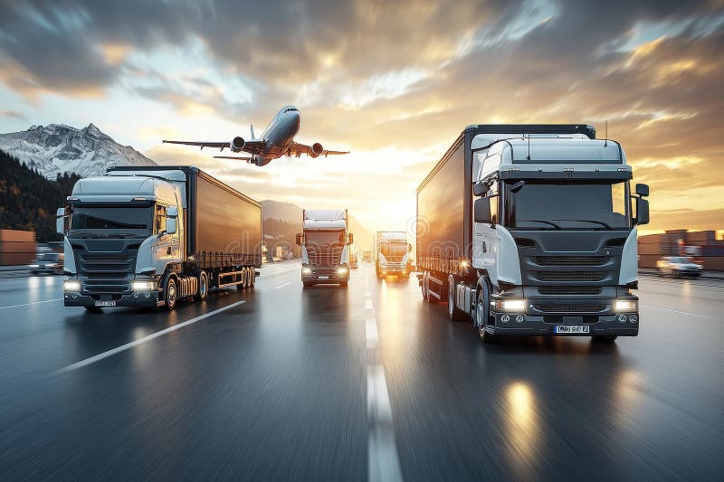 Busy Freight Transportation Hub with Cargo Trucks and Airplane at ...