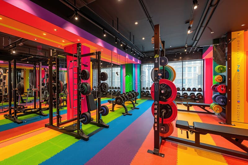 A Busy Gym Filled with Brightly Colored Exercise Equipment Arranged ...