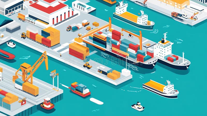 Busy Harbor Scene with Cargo Ships, Cranes, and Trucks Actively ...