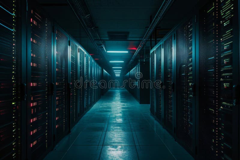 A Busy, High-tech Data Center Hallway Filled with Rows of Servers, a Dark and Moody Image ...