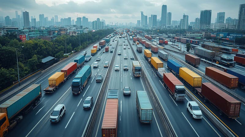 Busy Highway with Cargo Containers and Vehicles Stock Illustration ...