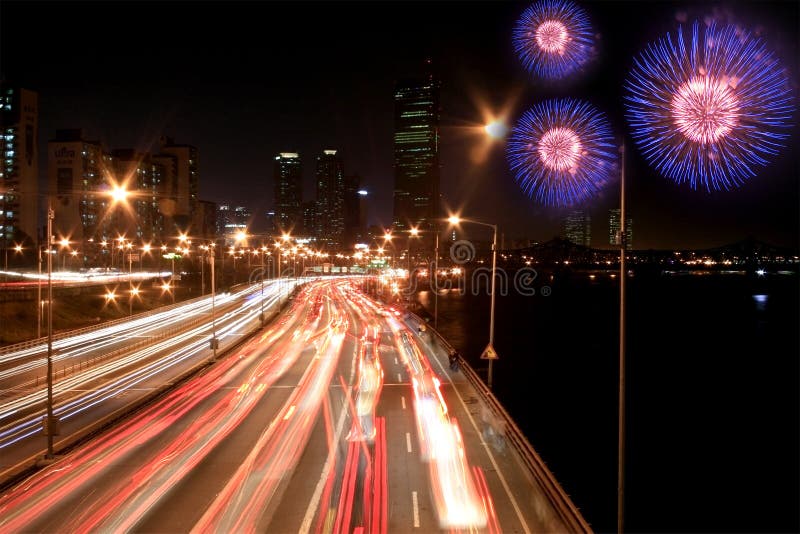 Busy Highway with Fireworks Stock Photo - Image of street, lighting ...