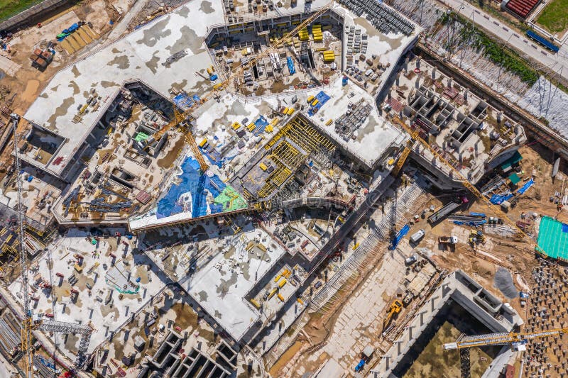 Busy Industrial Construction Site. Aerial View Stock Photo - Image of ...