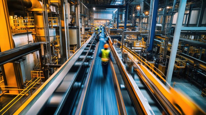 A Busy Industrial Setting with Workers and Conveyor Belts in a ...