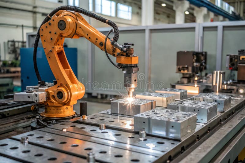 A Robotic Arm Using Laser Technology To Cut Metal Blocks in a Modern ...