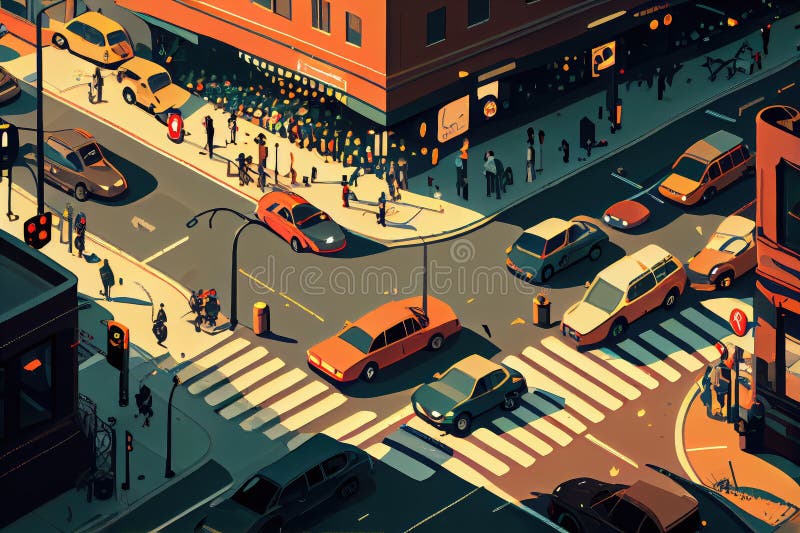 Busy Intersection with Traffic Lights, Cars, and People Stock ...