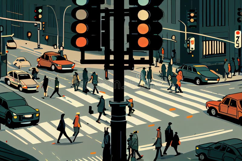 Busy Intersection with Traffic Lights and Pedestrians Crossing the ... Busy Intersection with Traffic Lights and Pedestrians Crossing the ...
