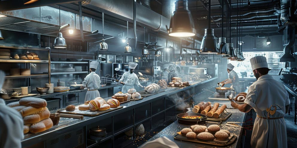 Busy Kitchen, Chefs Preparing Food. Created by Generative Artificial ...