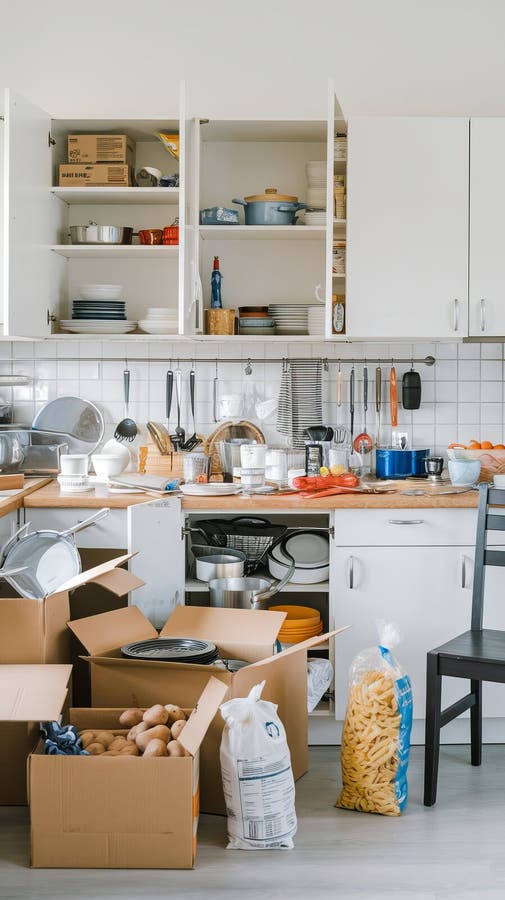 Busy Kitchen during Unpacking Move Stock Illustration - Illustration of ...