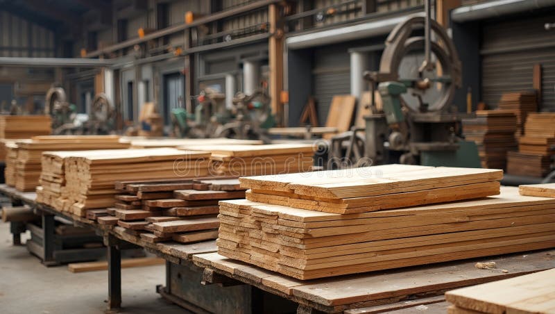 Busy Lumber Mill with Stacked Planks and Saws in Action Stock ...