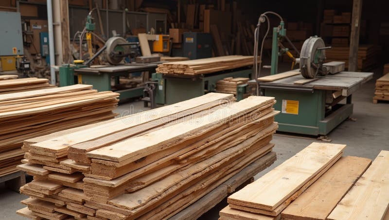 Busy Lumber Mill with Stacked Planks and Saws in Action Stock ...