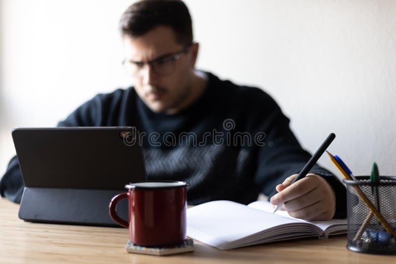 A Busy Man is Focus on Working at Home Stock Image - Image of internet ...