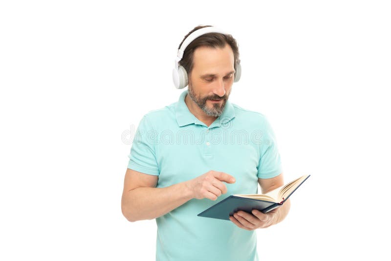 Busy Man Reading Elearning in Headphones Isolated on White. Man Reading ...