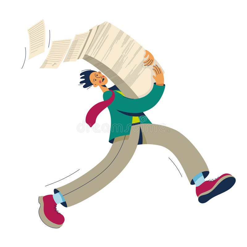 Busy Man Running with Stack of Paper in Hand. Businessman Holding a Lot ...
