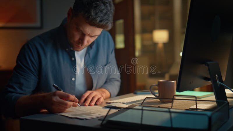 Busy Man Typing Computer Working at Desk Night Closeup. Businessman ...