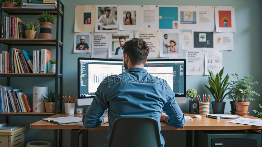 A Busy Man is Working in Front of a Computer Screen. Surrounded by ...