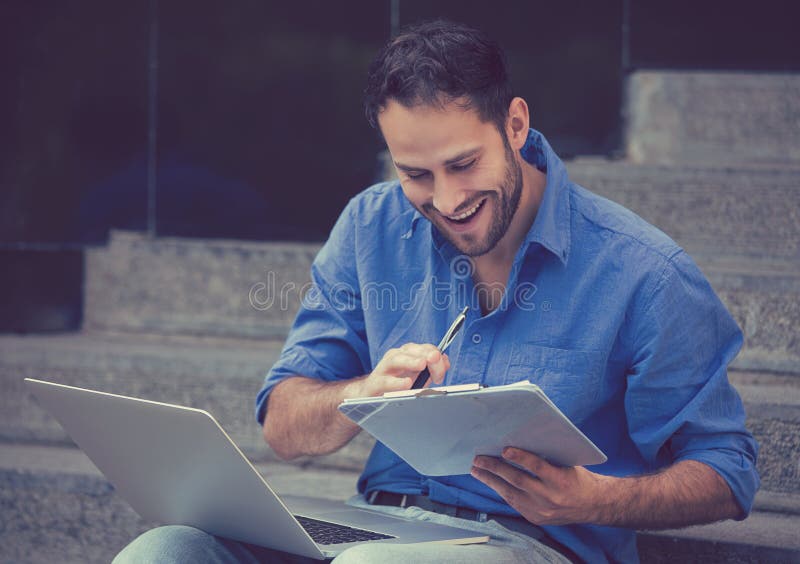 Busy Man Working on Laptop Outside Corporate Office Stock Photo - Image ...