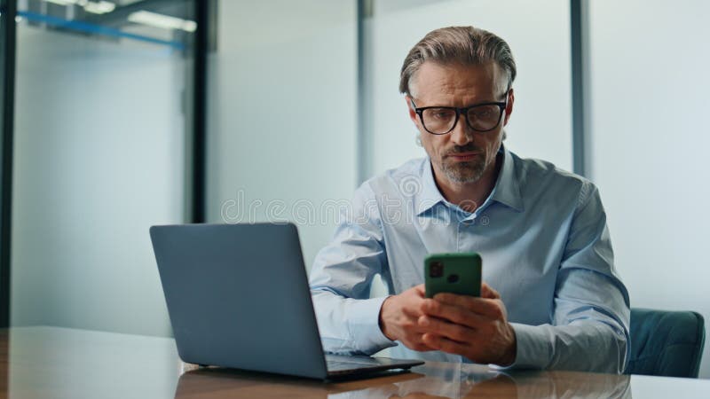 Busy Manager Typing Mobile Phone Workplace Close Up. Focused Ceo Using ...